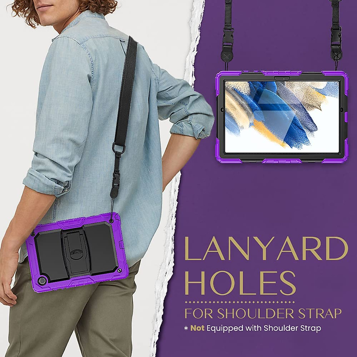 Case for Samsung Galaxy Tab A8 10.5-Inch 2022 (SM-X200/X205/X207), Military Grade Shockproof Rugged Silicone Protective Case with Kickstand, Shoulder Strap,Purple