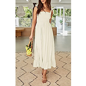 ZESICA Women's 2023 Summer Boho Spaghetti Strap Square Neck Solid Color Ruffle A Line Beach Long Maxi Dress,Apricot,Small