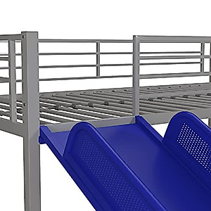 DHP Junior Twin Metal Loft Bed with Slide, Multifunctional Design, Silver with Blue Slide