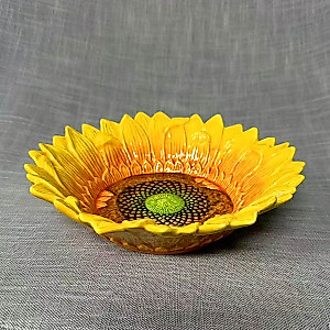 FORLONG Ceramic Medium Fruit Bowl Dessert Cake Candy Snack Plate, Hand Painted Sunflower-shaped Decorative Bowl, Art Tabletop Home Décor -10.8inches