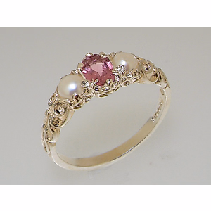 LetsBuyGold 925 Sterling Silver Real Genuine Pink Tourmaline & Cultured Pearl Womens Band Ring - Size 7