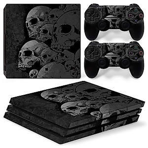 Vinyl Skin Sticker for PlayStation 4 Pro, Black Skull PS4 Pro Console and Controllers Skins Vinyl Sticker Decal Cover