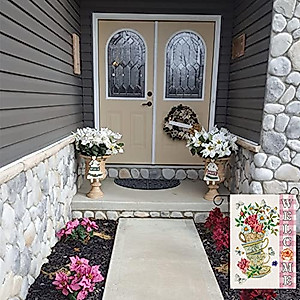 Welcome Flower Garden Flags, Spring Buffalo Plaid Vertical Double Sized Burlap Flag for House Yard Outdoor Decor 12.5 x 18 Inch