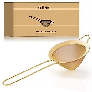 Eligara Fine Mesh Strainer with Handle - Copper Conical Strainers for Cocktail, Tea, Coffee & Drinks - Bar Stainless Steel High-Density Strainer Tool (Gold)