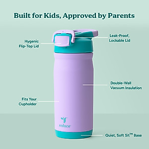 REDUCE 14 oz Hydrate Pro Stainless Steel Insulated Water Bottle - Flip Top Leak-Proof Lid,Dishwasher Safe,BPA-Free, Dual Wall Vacuum, Keeps Drinks Cold for 48 Hrs, Cup Holder Friendly - Mermaid Purple