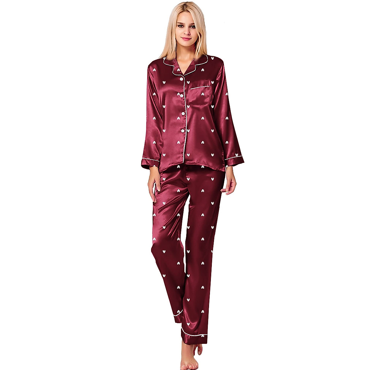 SWOMOG Womens Silk Satin Pajamas Long Sleeve Loungewear Two-Piece Sleepwear Button-Down Pj Set