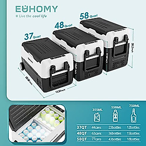 EUHOMY 12 Volt Refrigerators, -4℉~68℉, 48 Quart Portable Freezer Electric Cooler 12/24V DC & 120-240V AC, Removable Divider, Car Fridge For Car, RV, Camping, Travel, Fishing, Outdoor or Home.