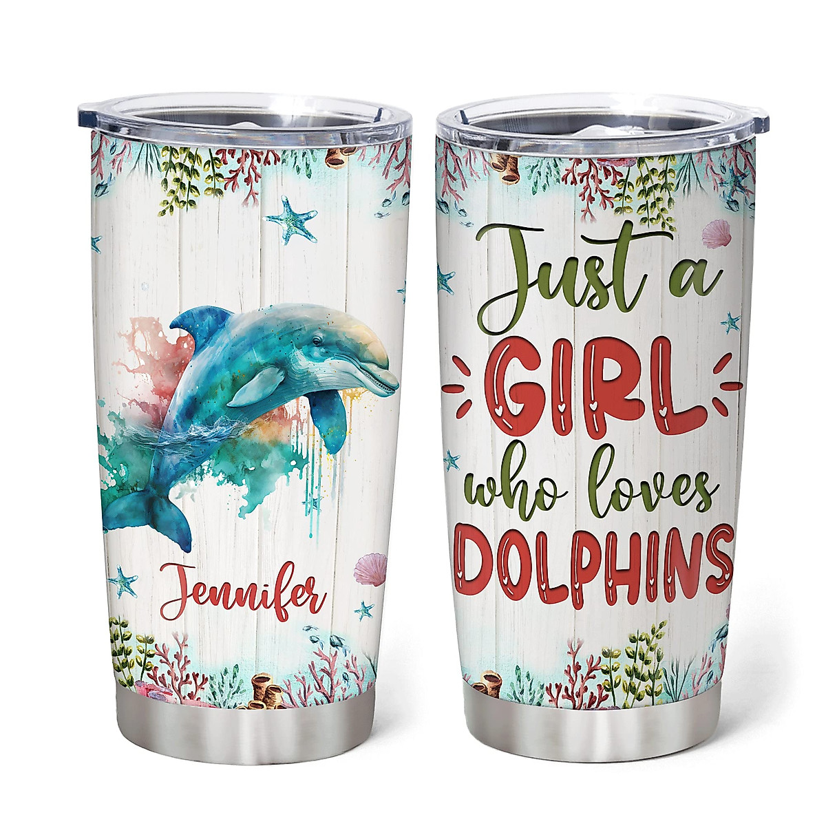 Hyturtle Personalized Gifts For Dolphin Lover - Just A Girl Who Loves Dolphins Custom Name Stainless Steel Tumbler 20oz With Lid - Idea Ocean Animal Lover Gifts For Women Girl On Birthday, Christmas