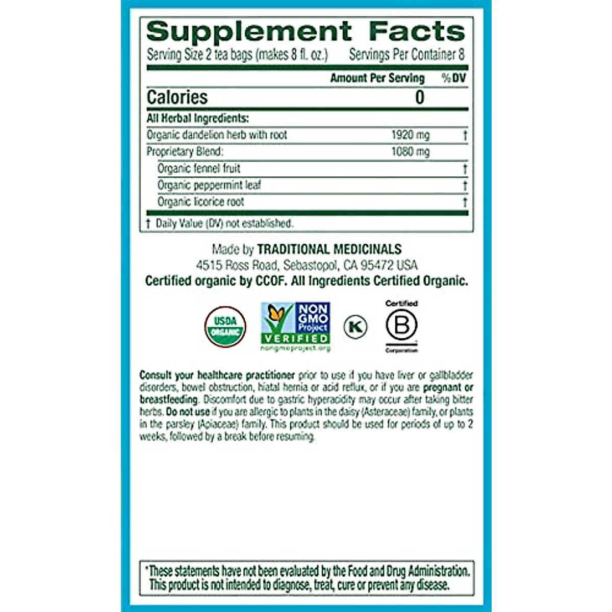 Traditional Medicinals Organic EveryDay Detox Dandelion Herbal Tea, Supports Liver & Kidney Function, (Pack of 4) - 64 Tea Bags Total