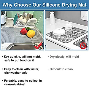 Yatmung Collapsible Silicone drying mat for Kitchen Counter - Non-Slip dish drying pad with hook and retaining band - Foldable design ( 24" x 13" ) to（ 8" x 13" ）- Large rubber rack mat（ Grey ）
