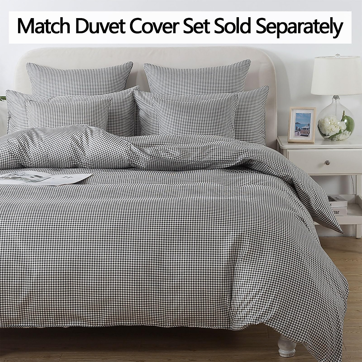 FADFAY Black Plaid Queen Size Sheets 100% Cotton Geometric Checker Bedding Teens Grid White Gingham Pattern College Bedding Deep Pocket Sheets with 2 Pillowcases Ultra Soft 4pcs, Queen Size