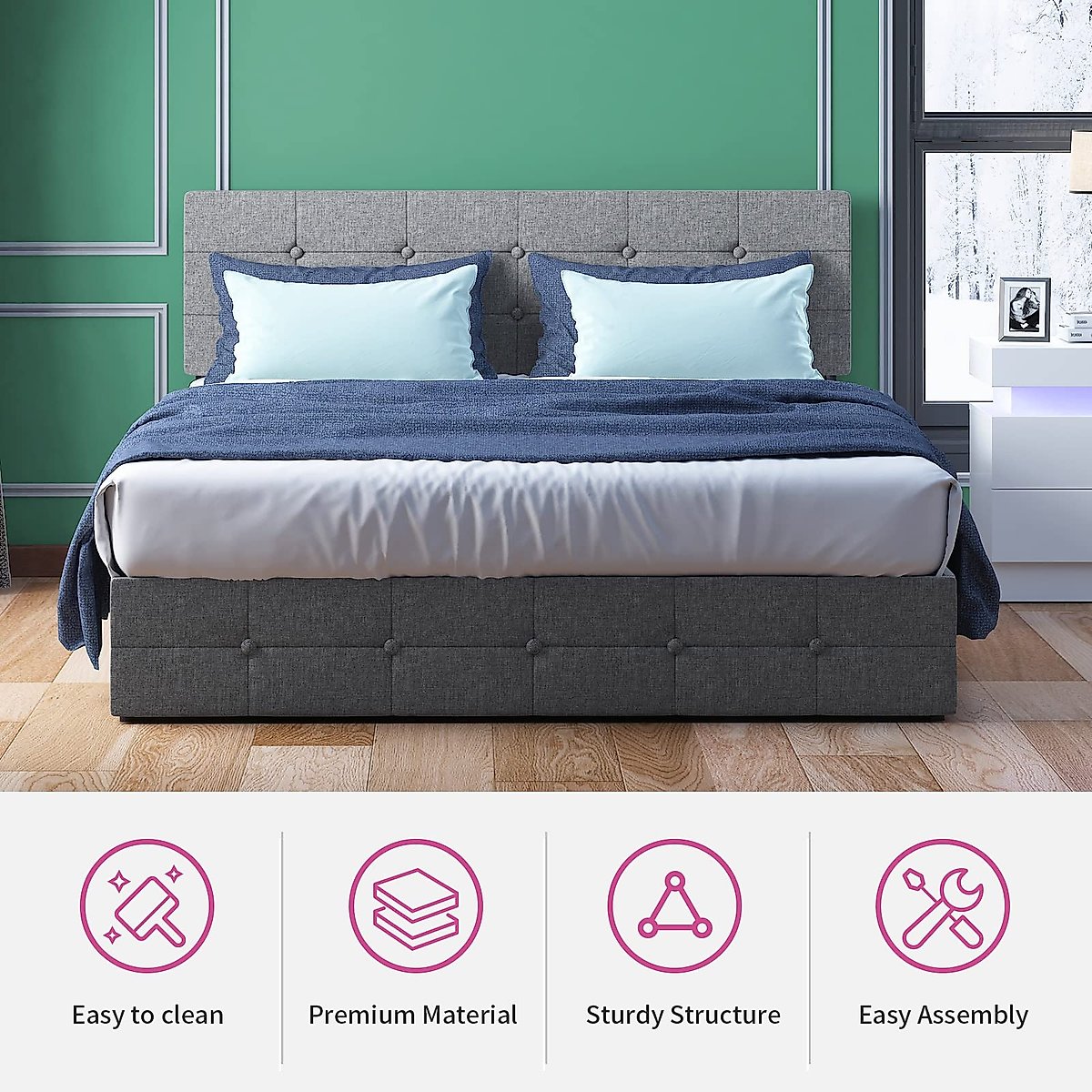 Mixoy Upholstered Platform Bed Frame with 4 Storage Drawers,Cal King Bed Frame with Square Button Tufted Adjustable Headboard, Wood Slat Support,No Box Spring Needed,No Mattress (Cal King,Dark Grey)