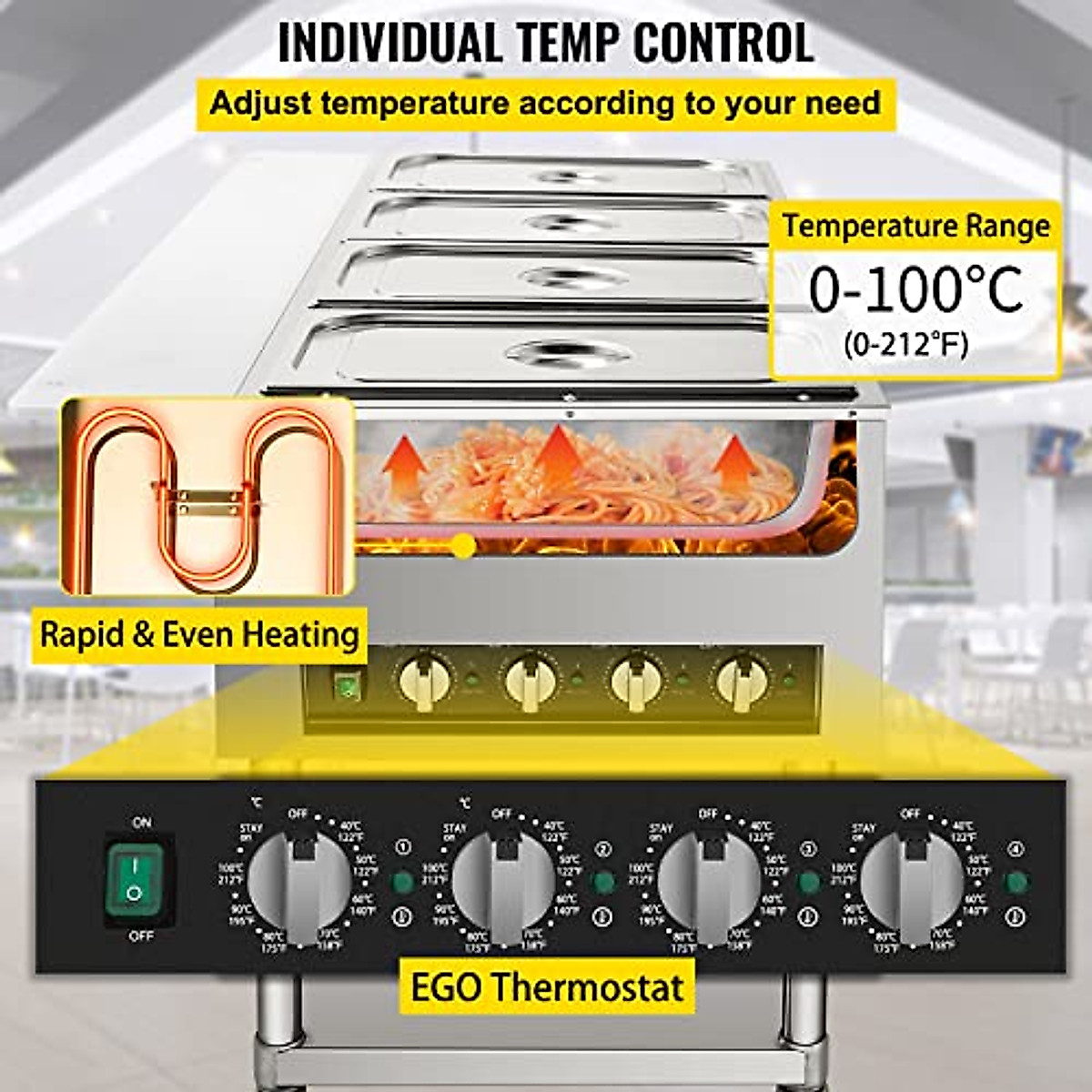 VEVOR Commercial Electric Food Warmer, 4-Pot Steam Table Food Warmer 0-100℃ w/ 2 Lockable Wheels, Professional Stainless Steel Material for Catering and Restaurants