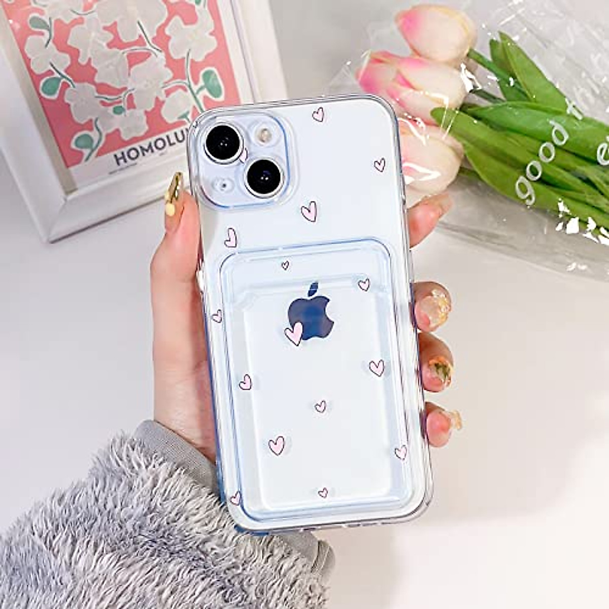 NITITOP Compatible for iPhone 13 Case Clear with Card Holder, Cute Heart Pattern Love Design for Women Girl, Protective Soft TPU Shock-Absorbing Wallet Case for iPhone 13-Pink Heart
