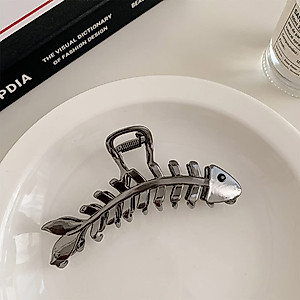 KOLONAMS Hair Clip - Metal Black Fish Bone Shape Hair Clip - 4.3 inch - Hairpin Claw Clip for Women and Girls - Large Fishbone Claw Clip Hair Accessory - Mysterious Black