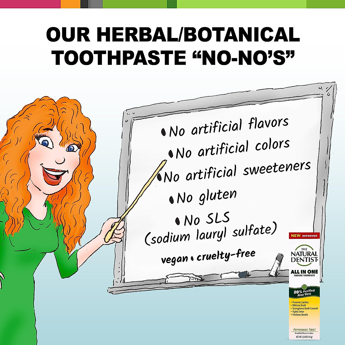 The Natural Dentist All In One Fluoride Toothpaste, 20% Purified Aloe Vera, Prevents Cavities, Whitens Teeth, Strengthens Tooth Enamel, Removes Plaque, Freshens Breath, Peppermint Twist, 5oz Tube 2 ct