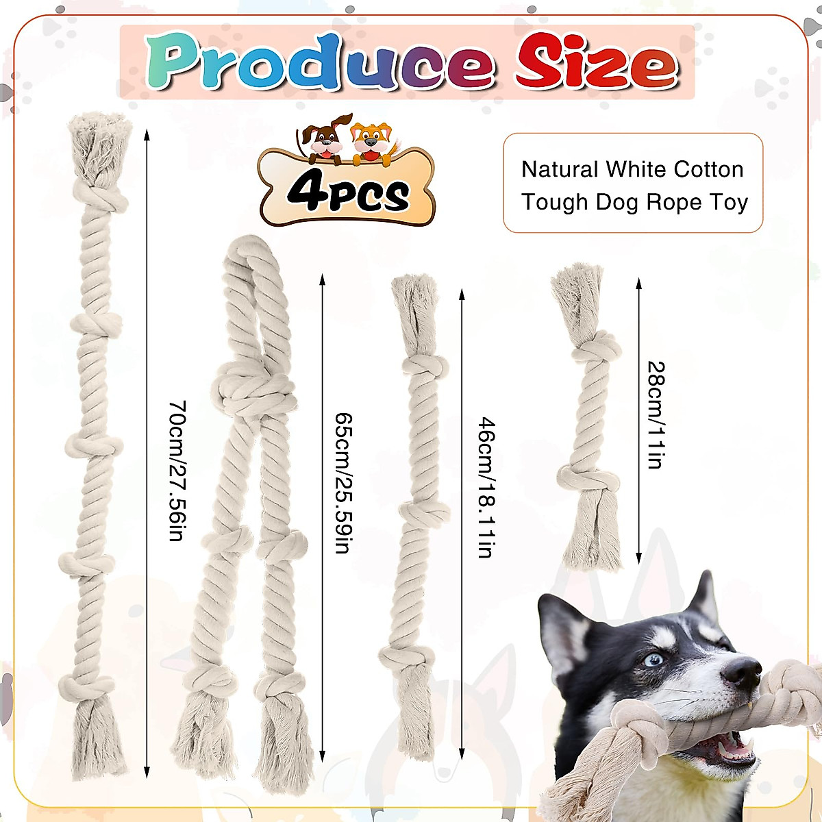 Glimin 4 Pcs Natural Cotton Rope Dog Toys White Tough Dog Rope Toy for Aggressive Chewers Interactive Knot Dog Toys for Large Dog Tug of War Dog Toy Heavy Duty Pet Supplies for Teeth Cleaning
