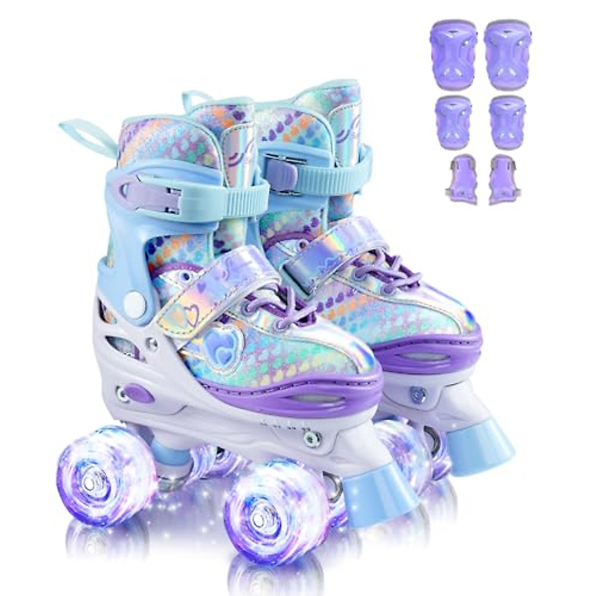 Sportneer Kids Roller Skates, 4 Adjustable Light up Roller Skates for Girls Boys Kids Toddlers Beginners, Kids Skates with Protective Gear Set Gift for Indoor & Outdoor Use