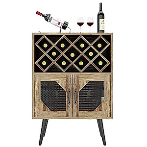 soges Wine Cabinet, 2 Doors Storage Cabinet Bar Cabinet with Cup Holders, Wine Storage Rack with 11 Bottle, Sideboard Buffet Cabinet for Dining Room, Kitchen