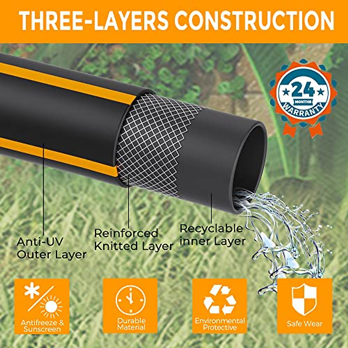 Giraffe Tools Short Leader Garden Hose 10 ft, Heavy Duty Black Garden Hose 5/8 in, Rubber Water Hose, No-Kink, Leakroof Gardening Hose with Male to Female Fittings, Black and Orange