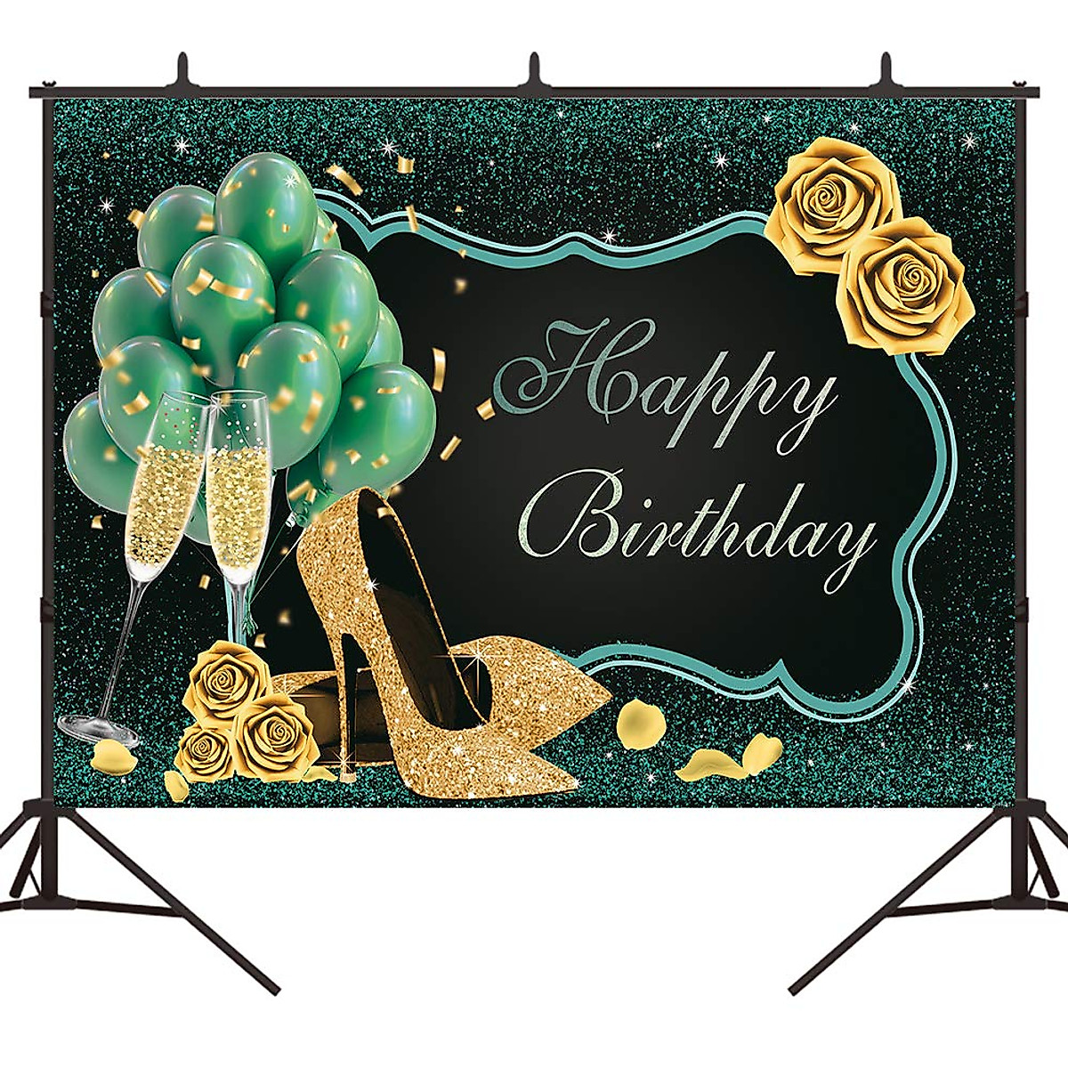 Bellimas Happy Birthday Backdrop Green and Black Women Birthday Party Banner High Heels Champagne Gold Rose Background Birthday Prom Party Supplies