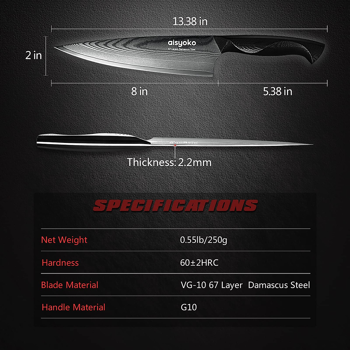 aisyoko Damascus Chef Knife 8 Inch Sharp Kitchen Knife Japan VG-10 Stainless Steel Carbon Ultra Sharp Kitchen Cooking Knife, Ergonomic G10 Handle Deluxe Gift Box