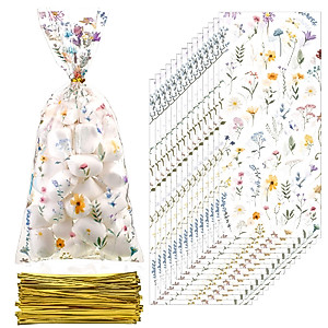 Sweetude 100 Pcs Wildflower Party Cellophane Treat Bags Floral Candy Bags Plastic Clear Goody Bags Flat Bottom Gift Bags for Baby Shower Bridal Shower Birthday Wedding Party Favors,11"x 5"