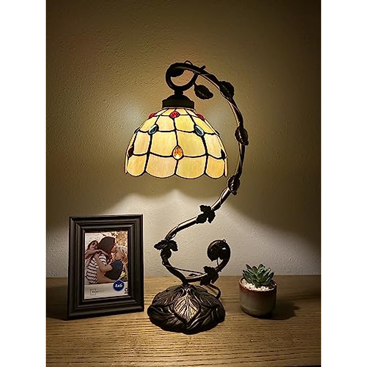 Enjoy Tiffany Style Table Lamp Gold Stained Glass Crystal Beans Iron Metal Leaves Bronze BaseIncluded LED Bulb Vintage for Living Room Dining Room Bedroom Bedside Office Hotel H21*W11 in