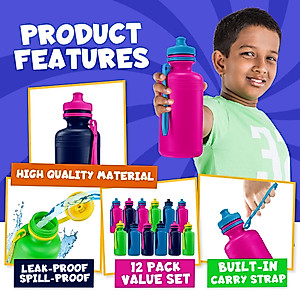 Bedwina Bulk Water Bottles For Kids - (pack Of 12) 18 Oz - 7.5 Inch BPA-Free Plastic with Pop-up Tops & Handles for Sports, Summer, Reusable Water Bottles Bulk For School
