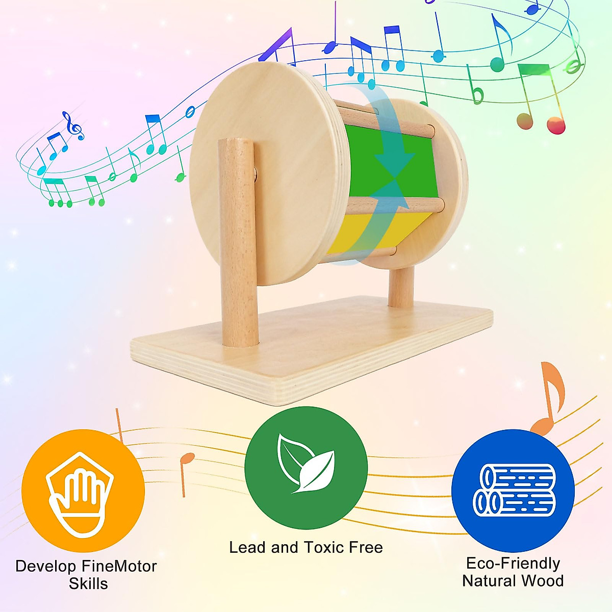 LEADER JOY Montessori Spinning Drum Baby Wooden Toys for 1-3 Year Old with Mirror and Bell for Infant Toddler, Sensory Development Toys Baby Toys Gifts
