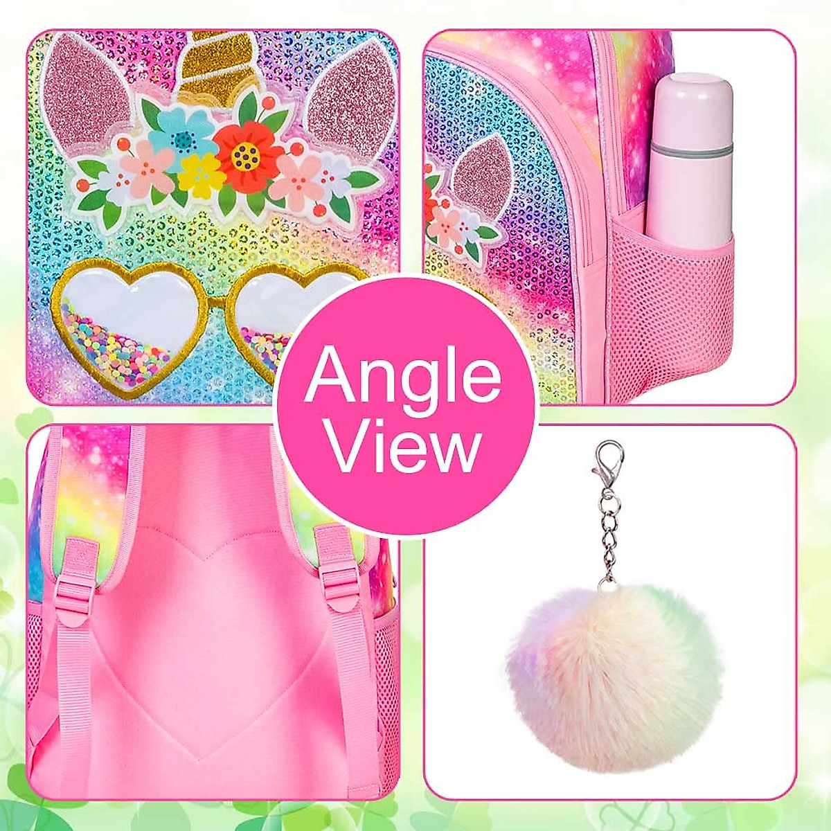 ZLYERT 3PCS Unicorn Backpack for Girls, Sequin Bookbag for Elementary Preschool Students, 16" Kids Backpacks with Lunch Box for Girl - Pink