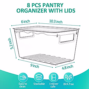 KAMOTA Plastic Storage Organizer Basket Bin with Handles and Lids for Bathroom, Pantry, Kitchen Cabinet, Fridge, Closet, Bedroom, Office and Home Organization - 8 pack - Clear