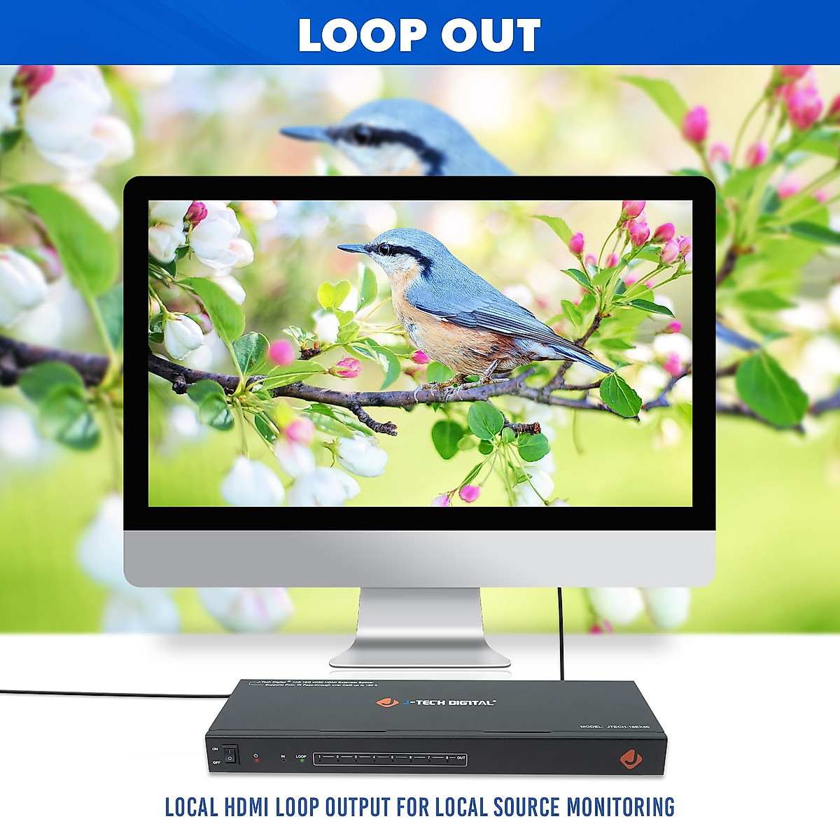 HDMI 2.0 4K Extender Splitter Over Single Cable CAT6 with PoC Up to 196 FT 1-in 8-Out w/Local Loop Output & Low Latency by J-Tech Digital [JTECH-18EX50]