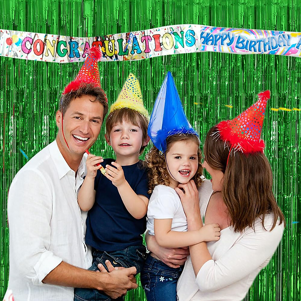 2 Pack 3.3x8.2 ft Green Foil Fringe Curtains Backdrop, Tinsel Curtain Backdrop, Streamer Backdrop for Birthday Party, Graduation and Most Common Holiday Party Decorations. by TOPPOT