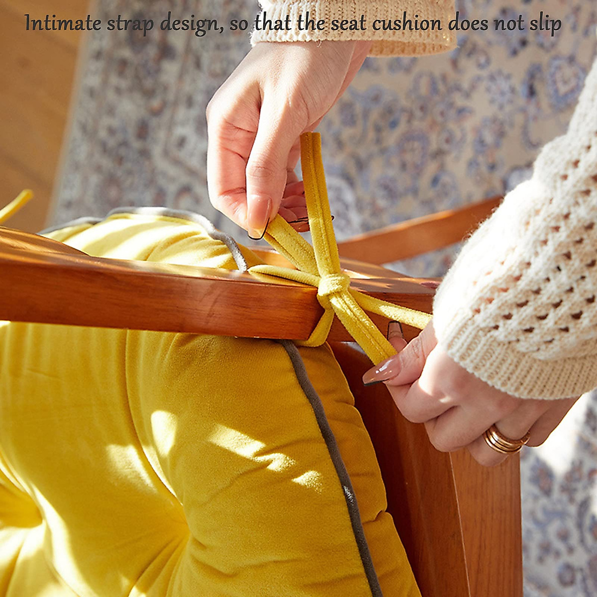 QQXX Velvet Dining Chair Cushion with Ties,Reversible Soft Comfort Chair Pad,Tufted Seat Cushion for Kitchen Dining Office Living Room Patio,Khaki,42x40cm(17x16)