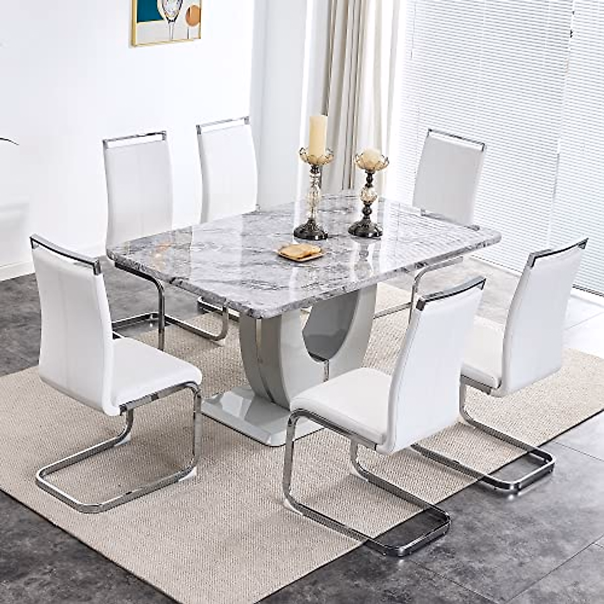 Pvillez Dining Table, Marble Texture Dining Table, Dining Room Kitchen Table, Modern Rectangle Dining Tables Set with Stone Top, White Dinner Office Computer Table for 4-6