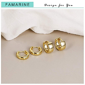 FAMARINE 2 Pairs 14K Gold Plated Hoop Huggie Earrings for Women, Minimalist Dainty Hoop Earrings