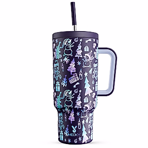 Meoky 40 oz Christmas Tumbler with Handle and Straw, Xmas Tumbler with Lid and Straw, Insulated Stainless Steel Travel Mug, 100% Leak-proof, Keeps Cold for 34 Hours (Christmas Tree)