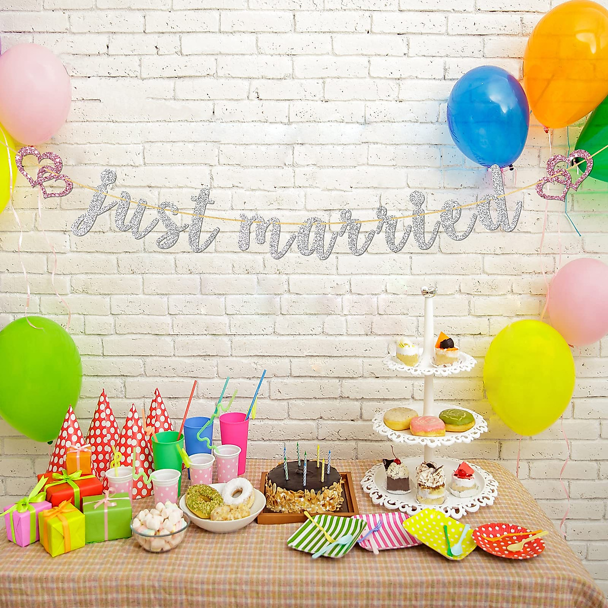 T-minimalist Just Married Banner, Wedding Party Bunting Decorations, Just Married Sign Banner for Bridal Shower / Wedding / Engagement Party Decoration, Silver, 6.8 Feet