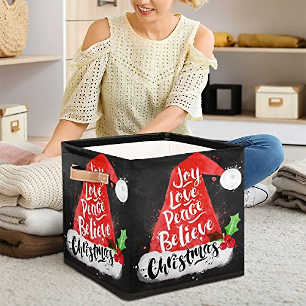 Large Collapsible Storage Bins,Christmas Hat Decorative Canvas Fabric Storage Boxes Organizer with Handles,Cube Square Baskets Bin for Home Shelves Closet Nursery Gifts