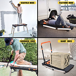 LEADALLWAY 7-in-1 Folding Portable Workbench Painted Work Table as Workbench, Scaffold,Platform,Sawhorse,Car Creeper and Hand Truck with 4 Wheels, Black