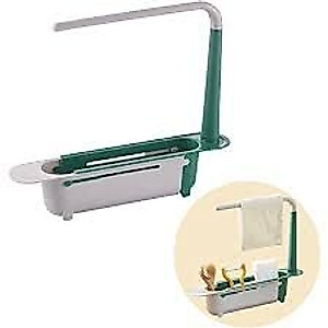 Adjustable Telescopic Sink Storage Organizer Rack Sponge Soap Drain Basket Expandable Organizer for Home Kitchen with Dish Cloth Hanger (Green)