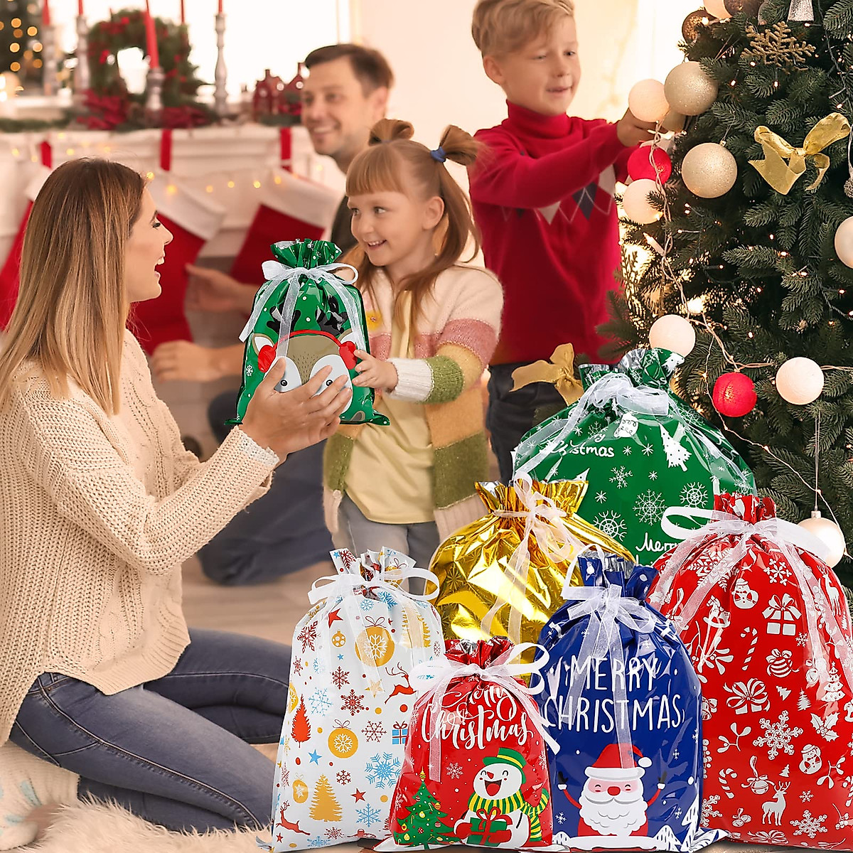 Superlele Christmas Drawstring Gift Bags 32pcs Assorted Sizes Christmas Bags Foil Wrapping Sacks Pouches Santa Goody Bags in 4 Sizes and 7 Designs for Xmas Holiday Presents Party Favor