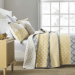 DDUOXIN Floral Quilts Queen Size - 100% Cotton Reversible Queen Quilt with 2 Pillow Shams, Farmhouse Striped Bedspreads Lightweight Queen Quilt Bedding Set, Yellow Gray, Queen