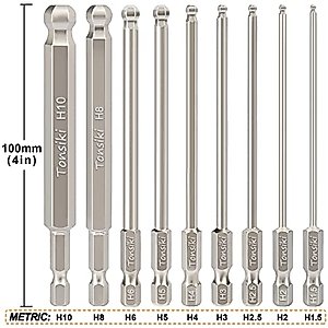 Tonsiki 9PCS Ball End Hex Head Allen Wrench Drill Bit Set, Metric S2 Steel Hex Bits Set, 1/4" Hex Shank Magnetic Screwdriver Bit Set for Assembling Furniture, 4'' Long - 1.5/2/2.5/3/4/5/6/8/10mm