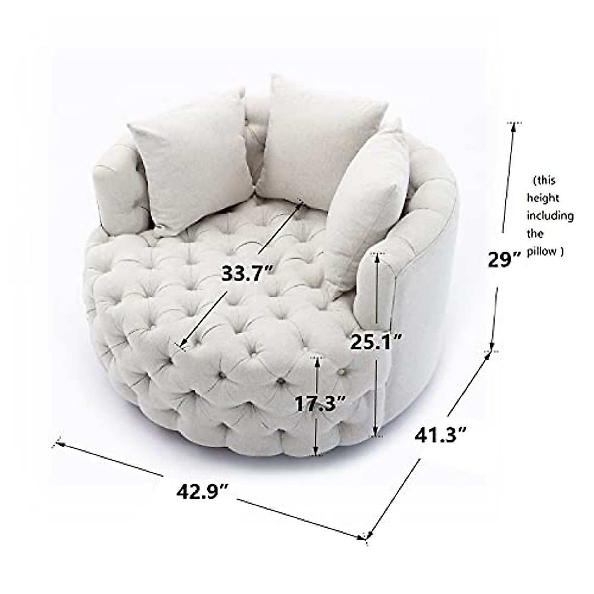 Oversized 360°Swivel Accent Barrel Chair Linen Tufted Comfy Sofachair W/3 Pillows, 42.9"W Leisure Lounge Club Upholstered Armchair Cozy Round Sofa & Chair for Home Apartment Office Hotel Living Room