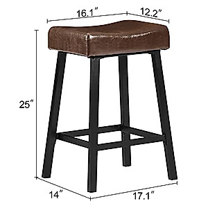 MNEETRUNG Bar Stools Set of 2, Counter Height Saddle-Seat PU Leather Bar Stools for Kitchen Counter Backless Modern Square Barstools Upholstered Faux Leather Stools Farmhouse Island, Brown