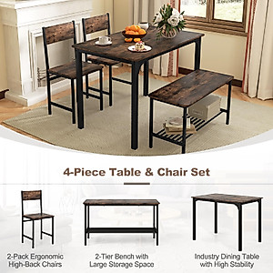 Giantex Dining Table Set for 4, Kitchen Table with Bench and Chairs, Industrial Gathering Bench Dining Set W/Metal Frame & Storage Rack, Dinette Set, Modern Functional Desk Set (Coffee)