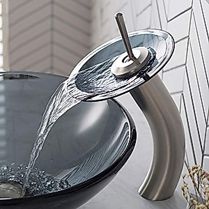 Single Lever Vessel Glass Waterfall Bathroom Faucet Satin Nickel with Black Clear Glass Disk and Matching Pop Up Drain