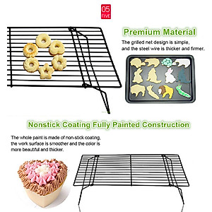 3 Tier Non Stick Cake Cooling Rack - Oven Safe, Heat Resistant, Space Saving Stackable Wire Tray with Collapsible Legs for Roasting, Cooking, Grilling, Drying, Plus Multi-use Basting Brush, 10x16 in